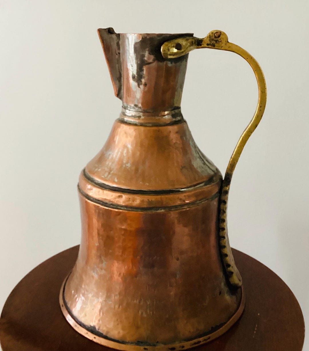 Vintage Hand Hammered Copper Pitcher With Brass Handle, Large Antique ...