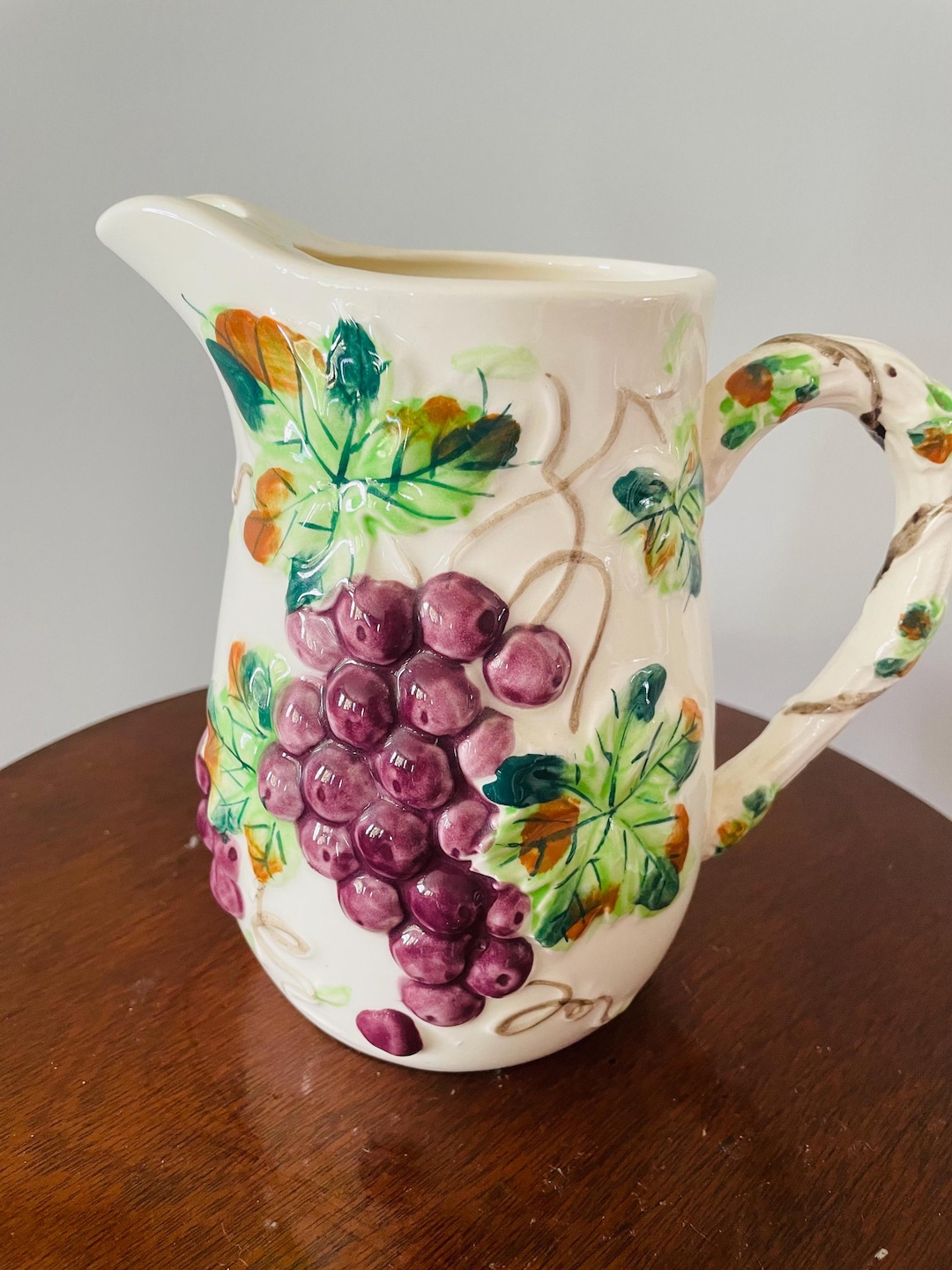 Vintage Ceramic Pitcher With Raised Purple Grapes and Green Leaves, 6.5 ...