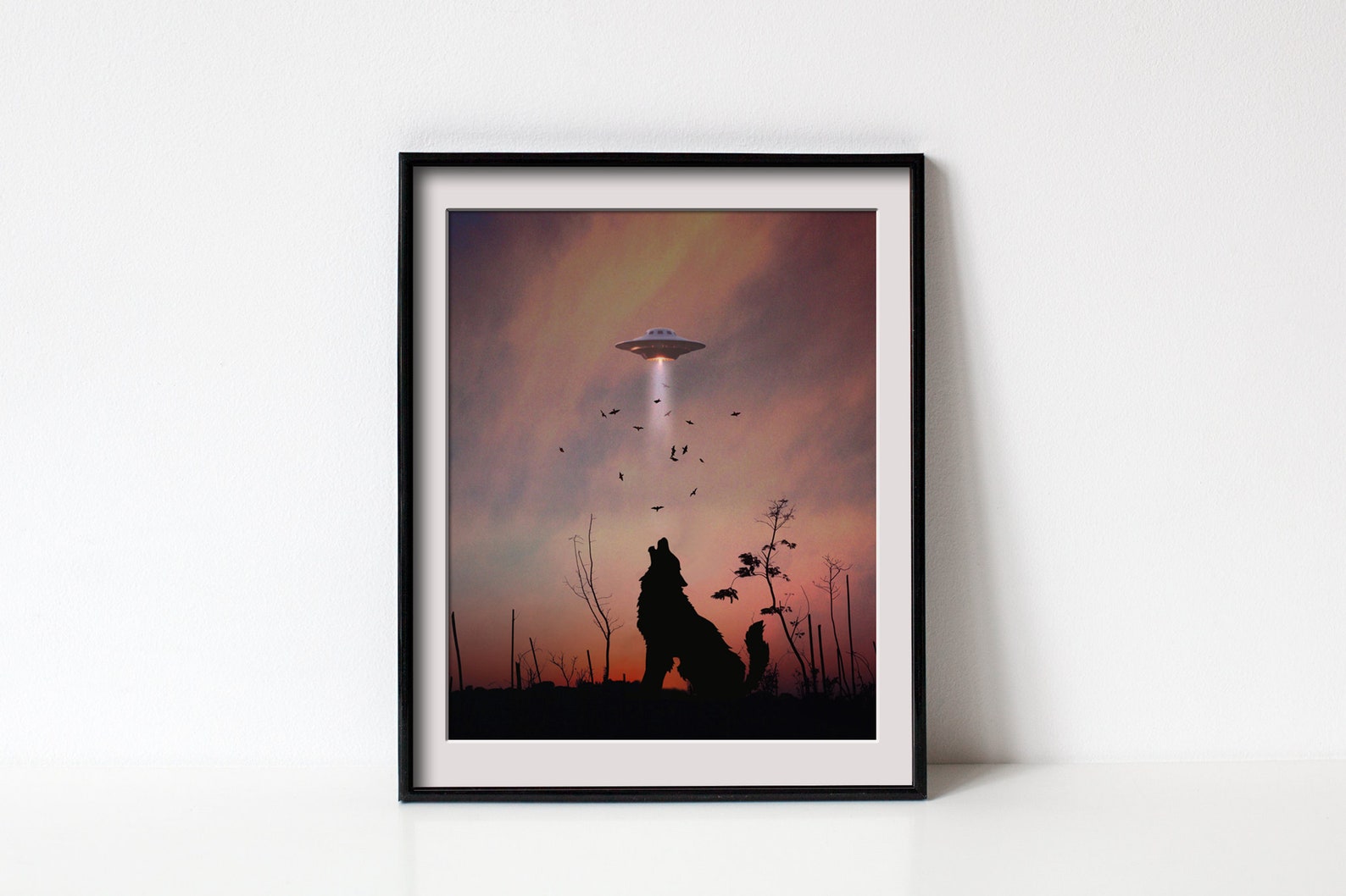 Wolf Poster Wall Art Print UFO Art Flying Saucer Alien Retro Sci Fi Art ...