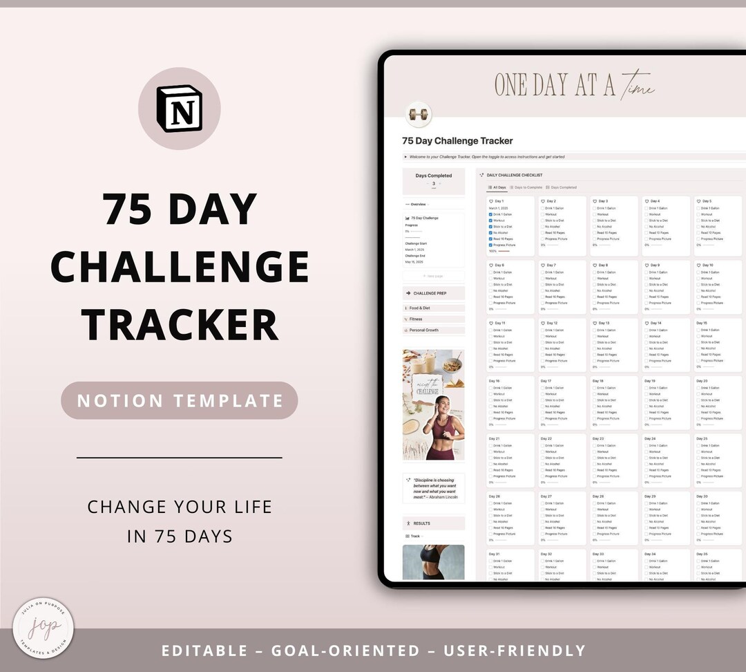 75 Day Challenge Tracker Notion Template: Workout Planner, Meal Planner ...