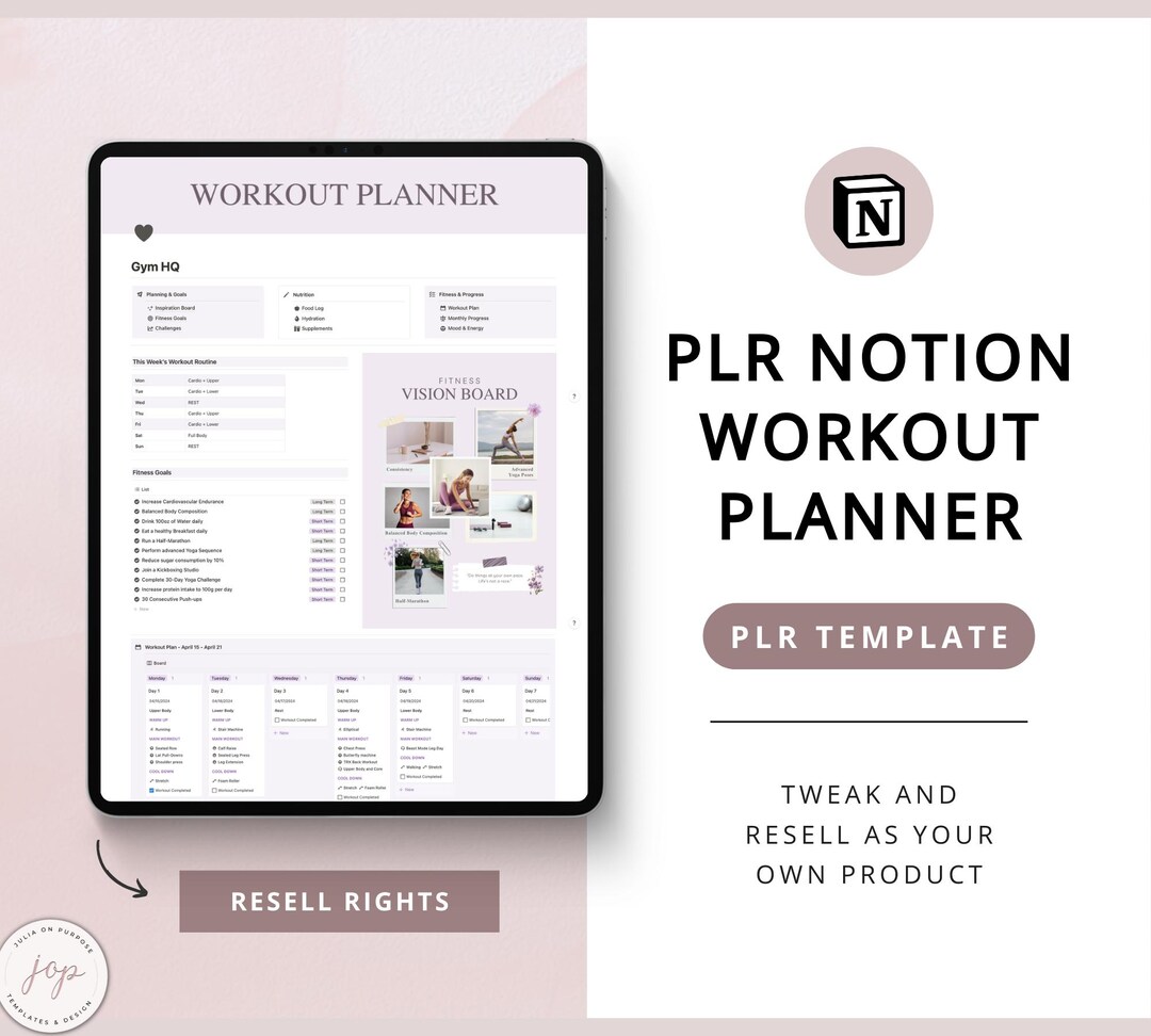 Notion Workout Planner Template: PLR Resell Rights, Fitness & Food Log ...