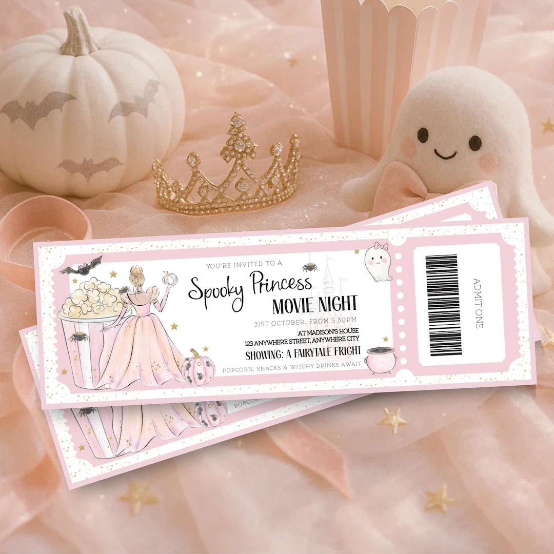 Editable Spooky Princess Movie Ticket Template, Halloween Movie Night ...