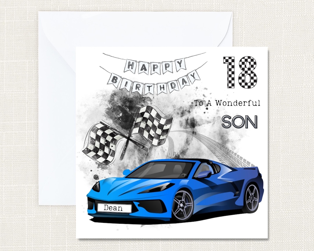 Personalised Blue Sports Car Birthday Card, Racing Car Card, Race Track ...