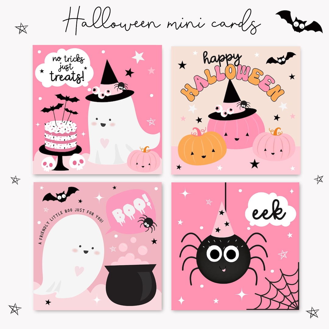 Cute Halloween Mini Cards for Kids, Printable Halloween Cards, 4x4 Inch ...