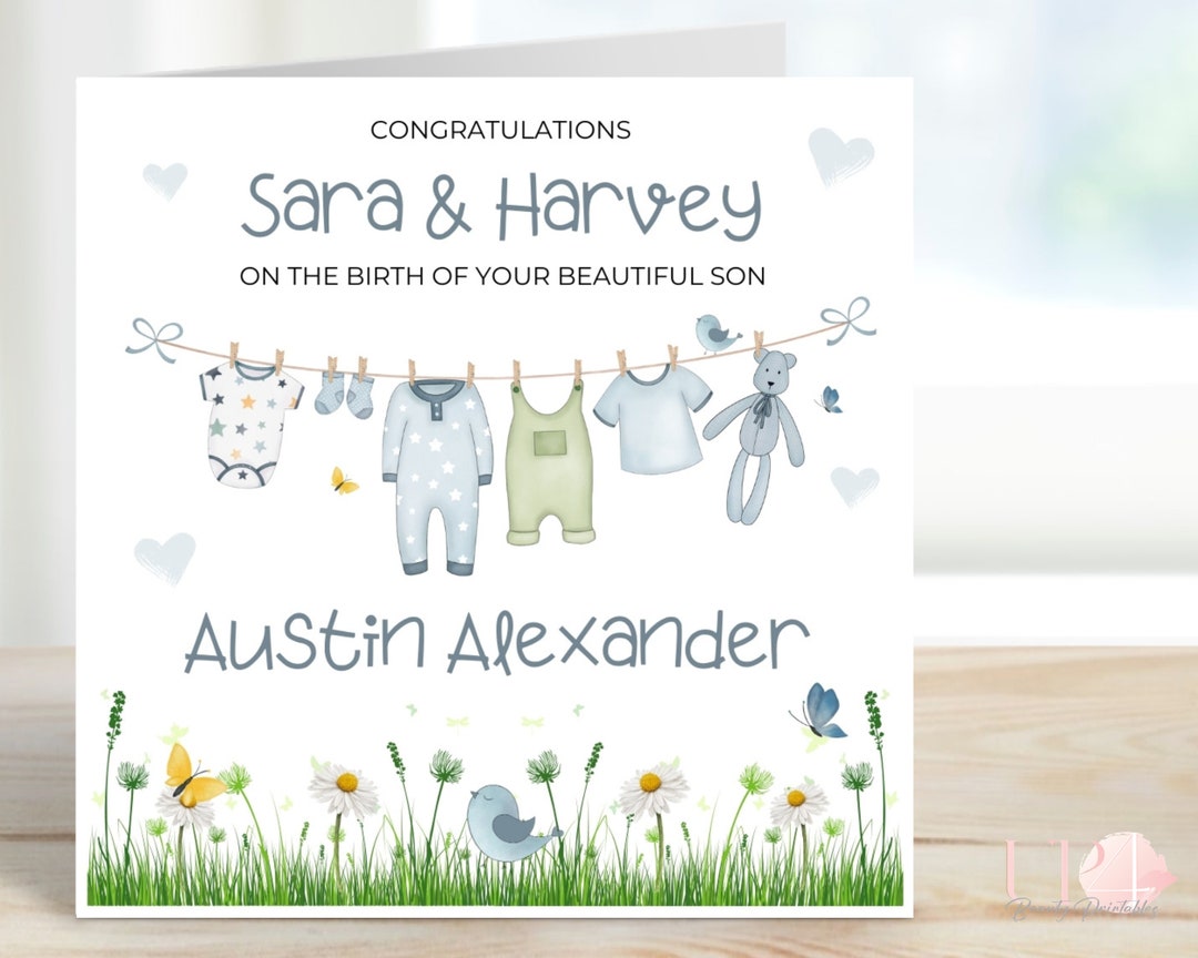 Personalised New Baby Boy Card, Washing Line With Bunny Card, Newborn ...