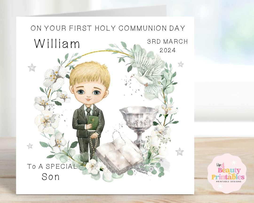 Boys First Holy Communion Card, Floral Wreath Communion Card, Holy ...