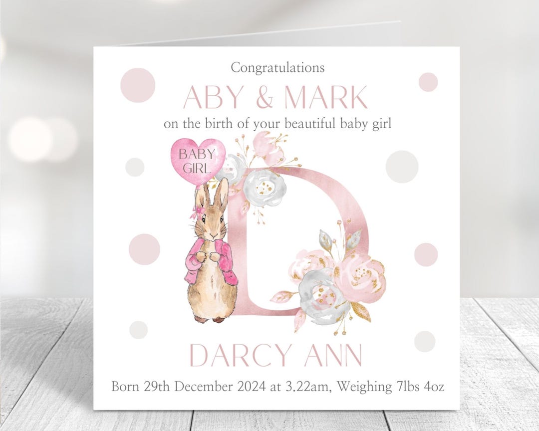 Personalised Peter Rabbit New Baby Girl Card, Newborn Baby, New Parents ...
