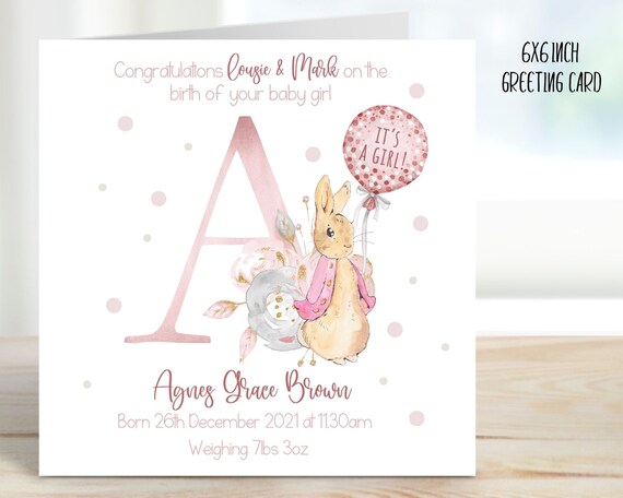Personalised Peter Rabbit New Baby Girl Card Newborn Baby | Etsy UK