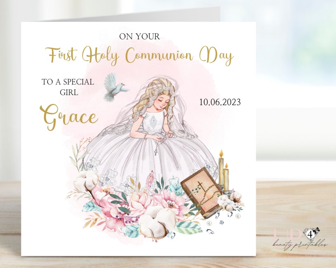 First Holy Communion Card With Girl, Personalised Card, 1st Holy ...