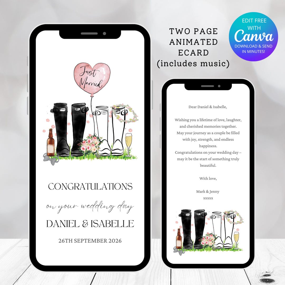 Animated Wedding Congratulations E-card With Music, Editable Canva ...