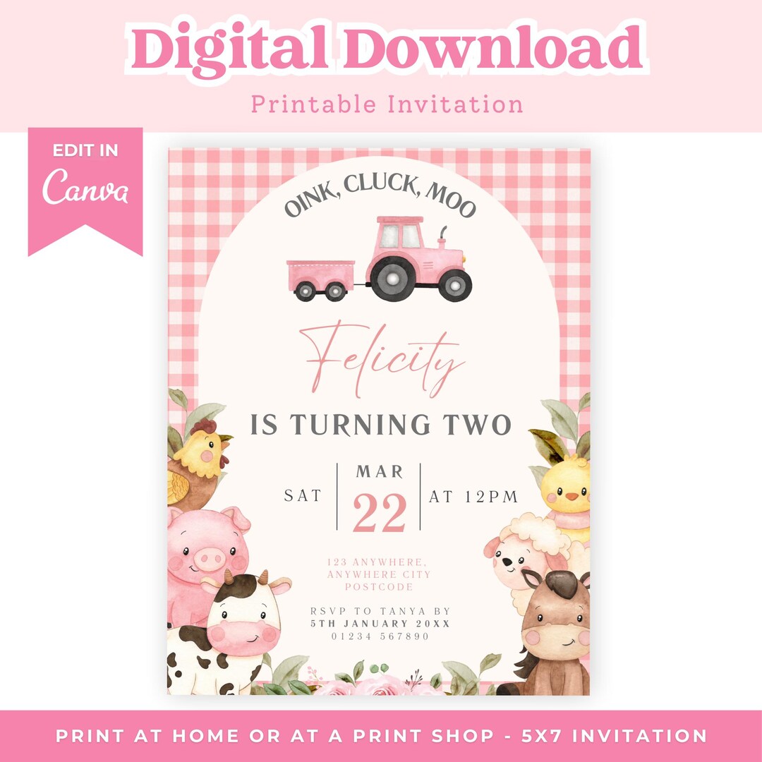 Pink Farm Birthday Invitation Template, Editable Canva Farm Party ...