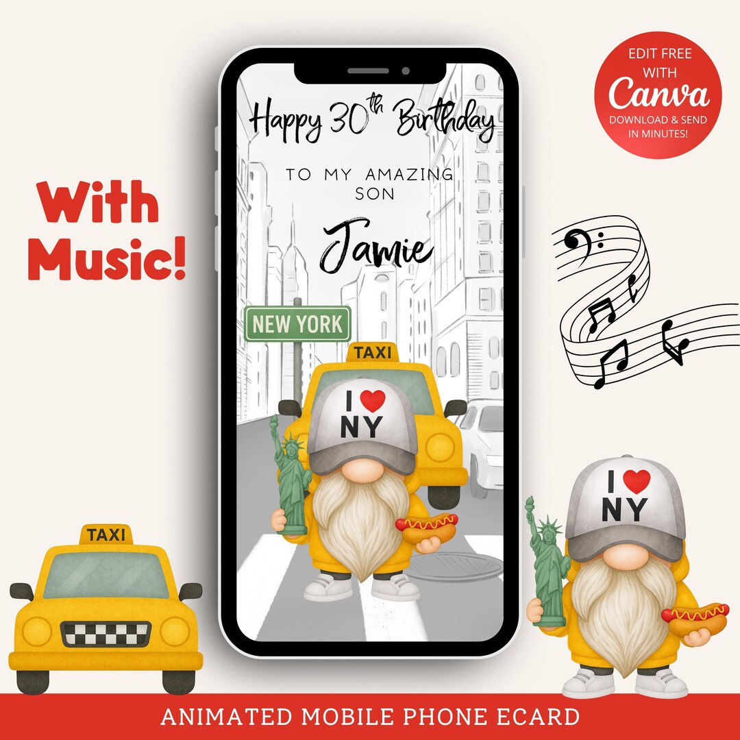 Editbale Animated Gonk Birthday Ecard, New York Theme With Jazz and ...