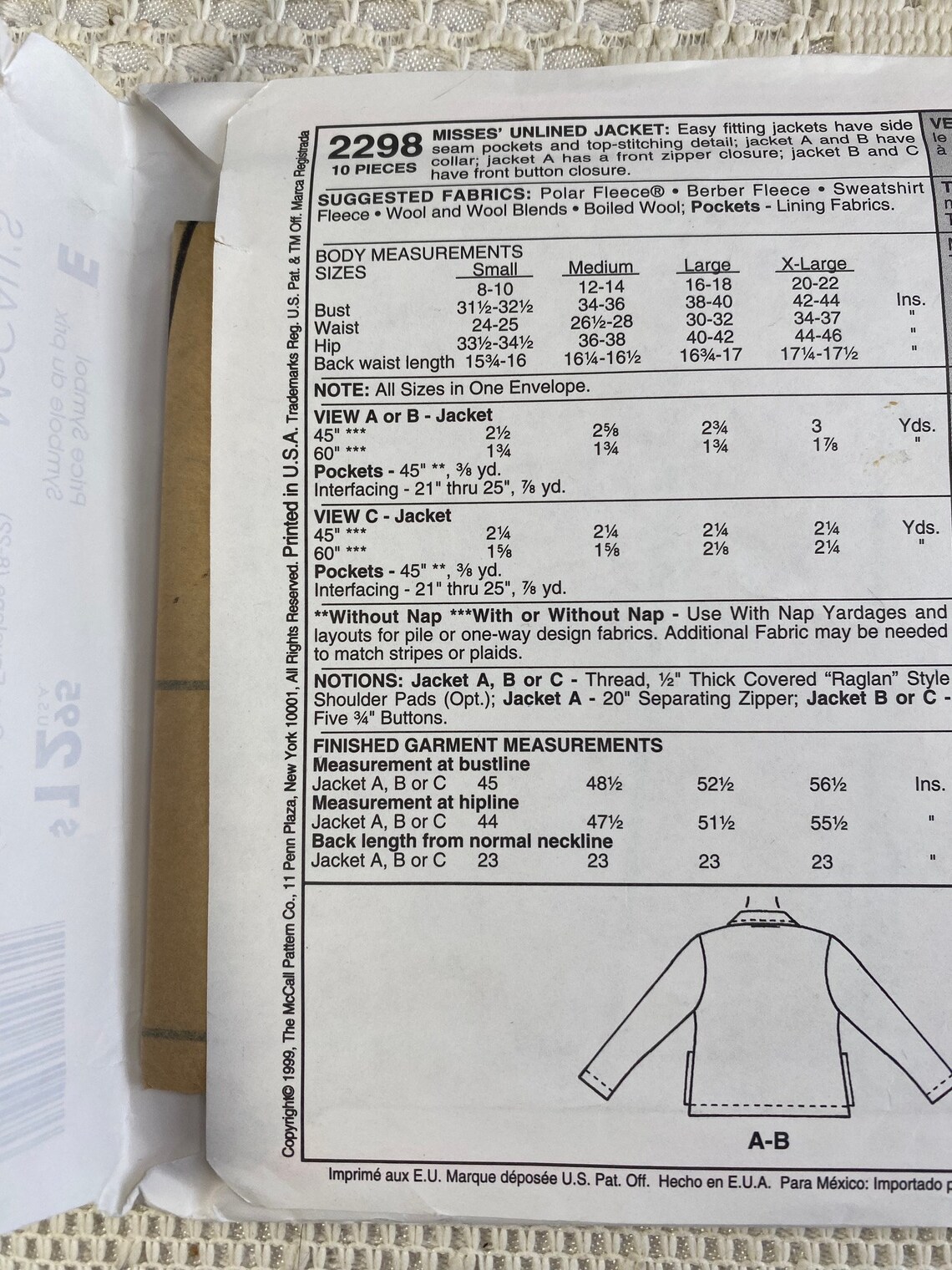 Mccall's 2298 UNLINED JACKET Pattern, Early 2000's Easy Sew Pattern ...