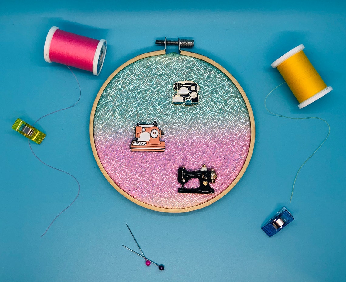 Adorable Peach Sewing Machine Enamel Pin With Fabric , Thread and a ...