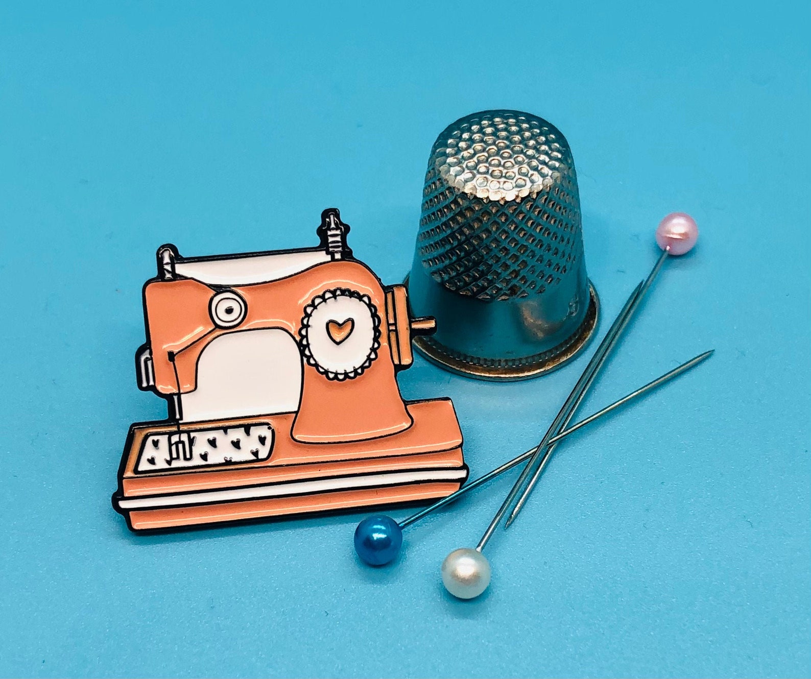 Adorable Peach Sewing Machine Enamel Pin With Fabric , Thread and a ...