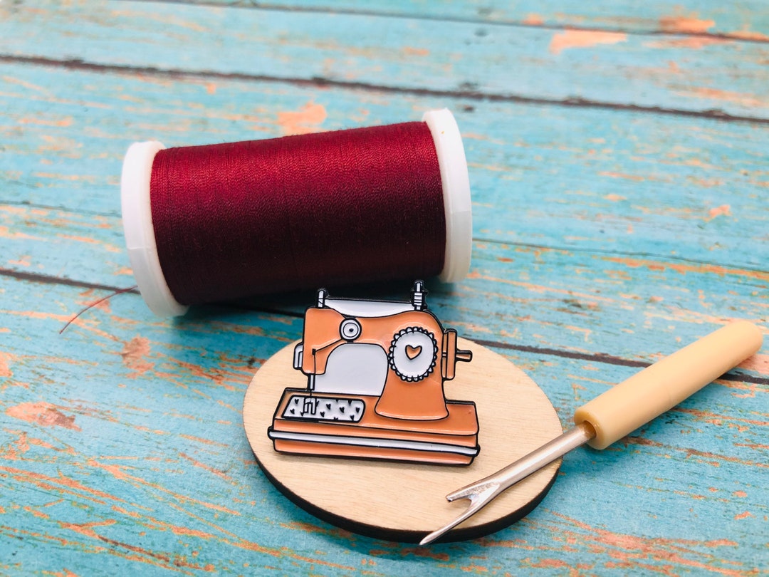 Adorable Peach Sewing Machine Enamel Pin With Fabric , Thread and a ...