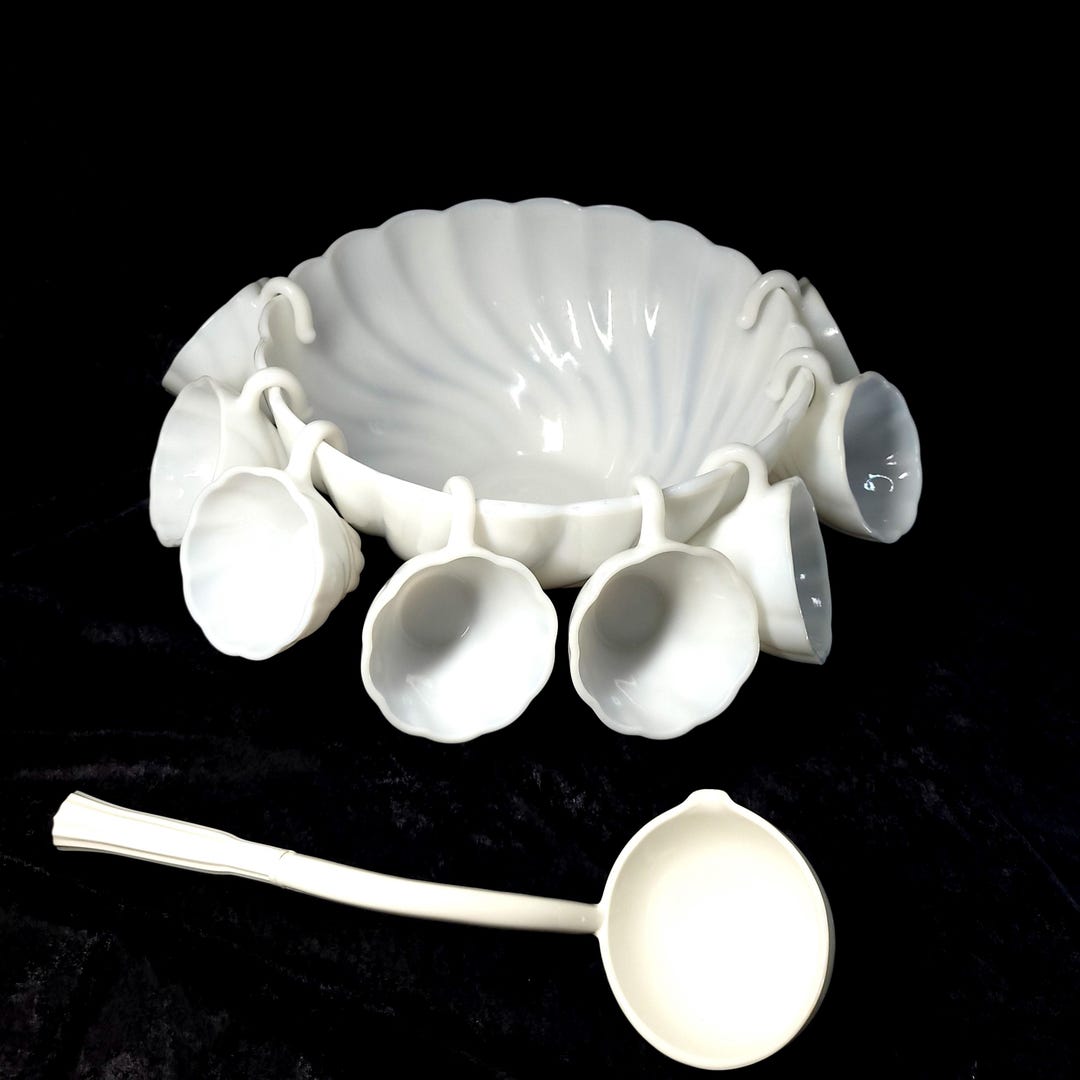 Hazel Atlas Swirl Alpine White Milk Glass Punch Bowl, 8 Cups, and Ladle ...