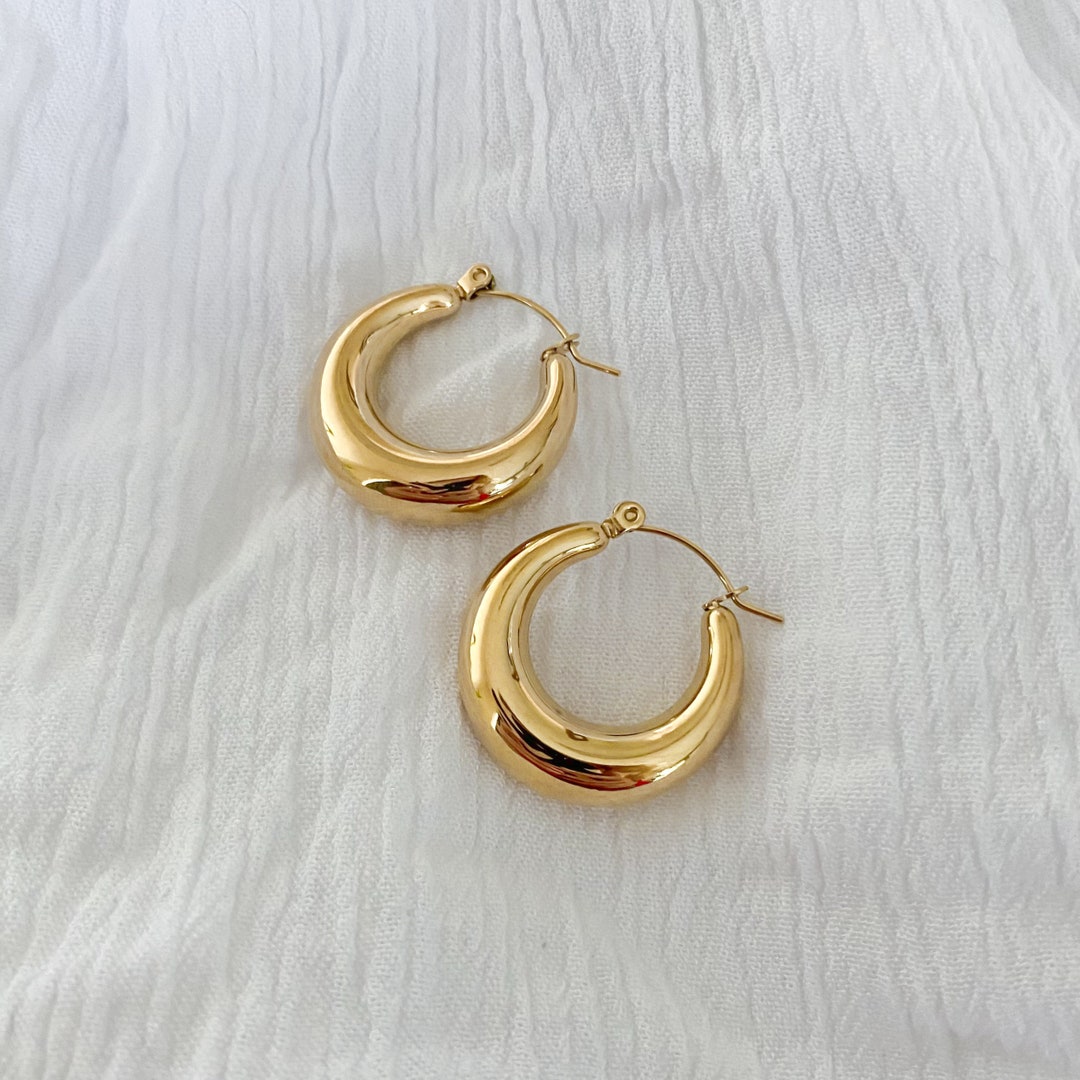 Gold Chunky Hoops, Gold Plated Hoop Earrings, Simple Gold Chunky Hoops ...