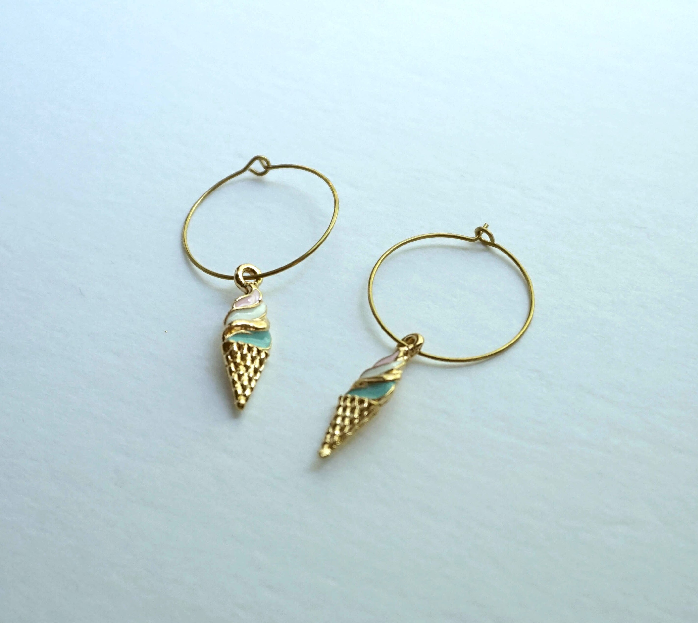 Gold Blue White and Pink Ice Cream Cone Hoops, 24k Plated Hoops, Gold ...