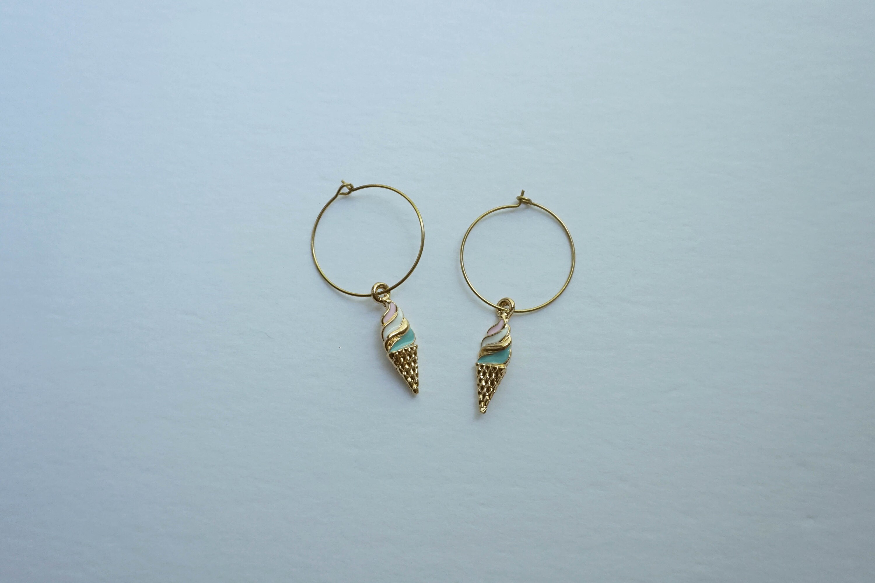 Gold Blue White and Pink Ice Cream Cone Hoops, 24k Plated Hoops, Gold ...