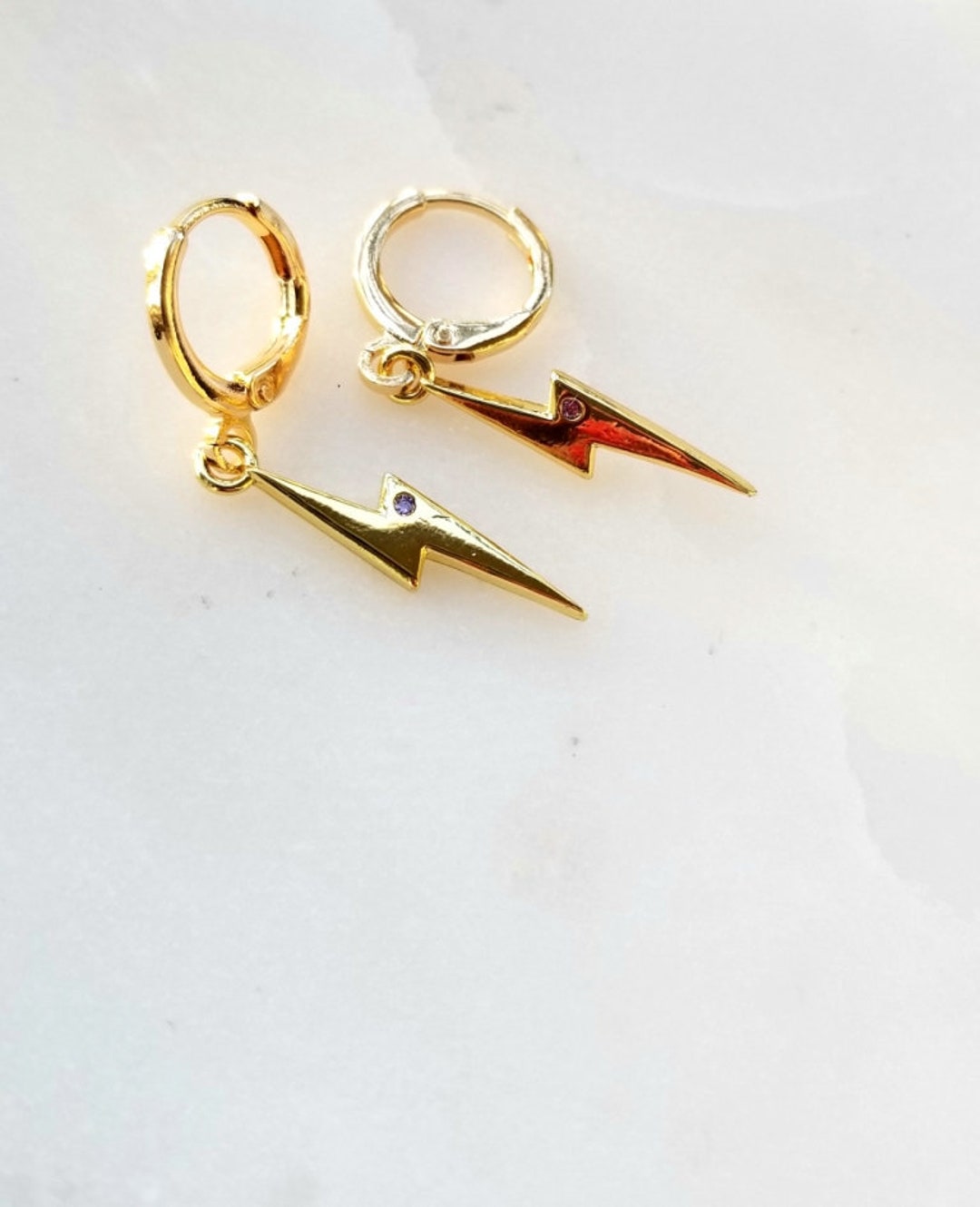 Gold Lightning Hoops, Gold Plated Lightning Bolt Charm, Micro Pave CZ ...