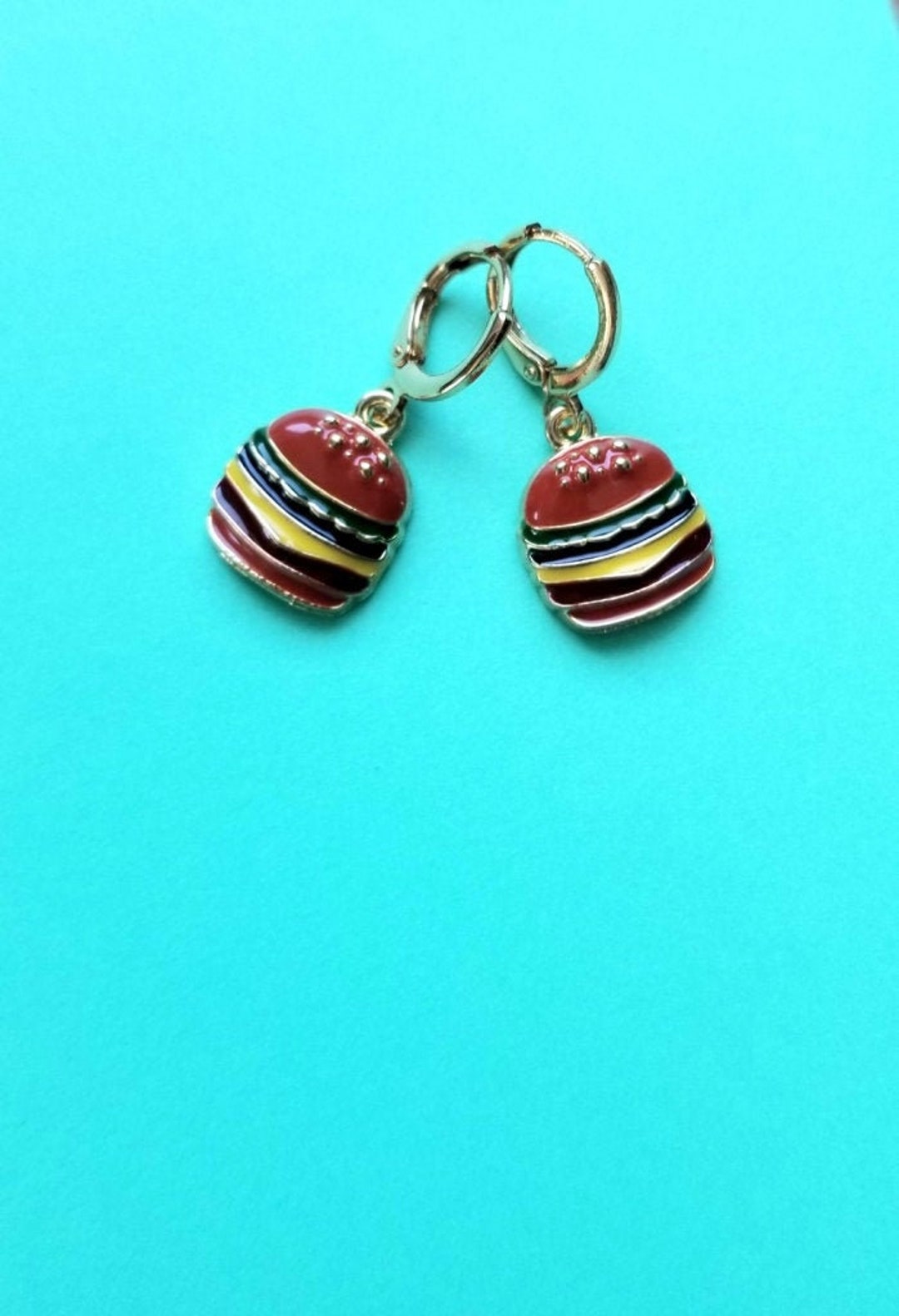 Gold Cheeseburger Huggie Hoops, Gold Enamel Solid Burger Charm, Gold ...