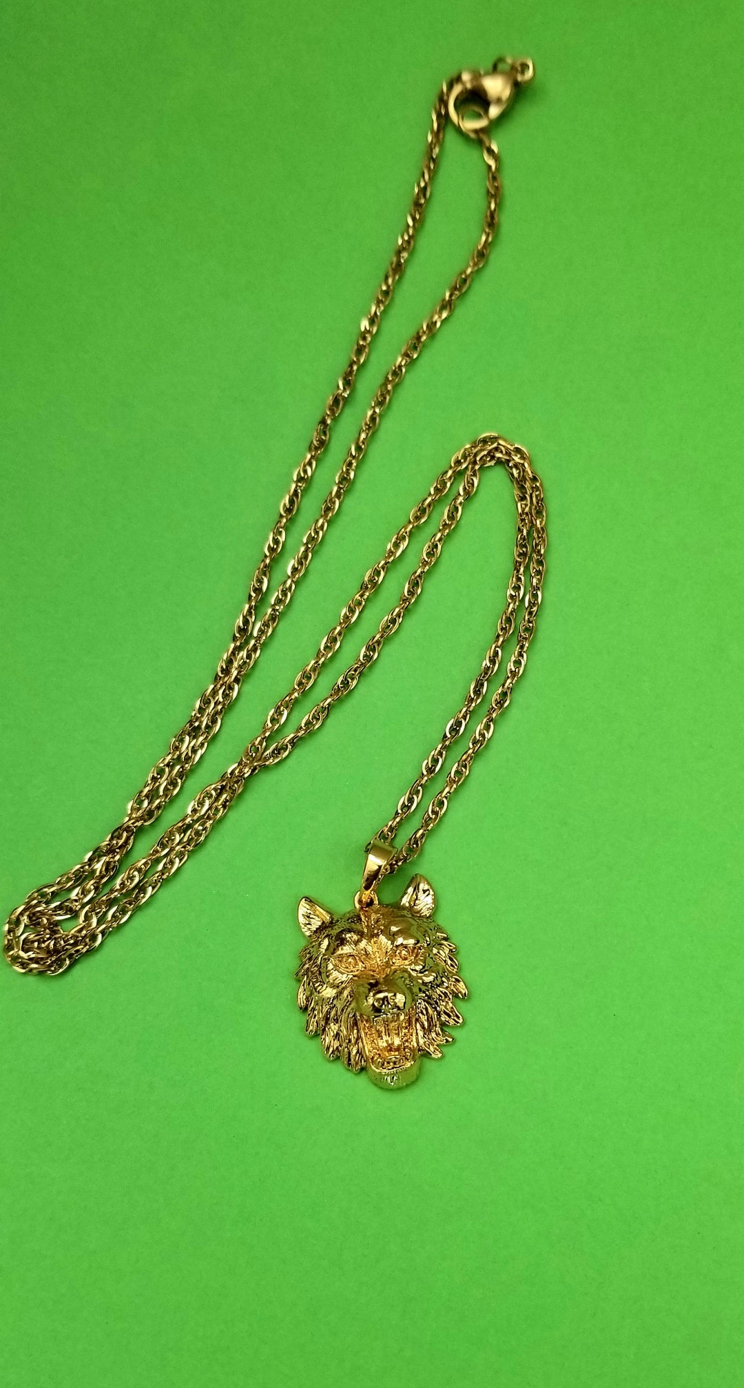 Gold Wolf Head Necklace, 18k Gold Filled Wolf Pendant, Gold Stainless ...