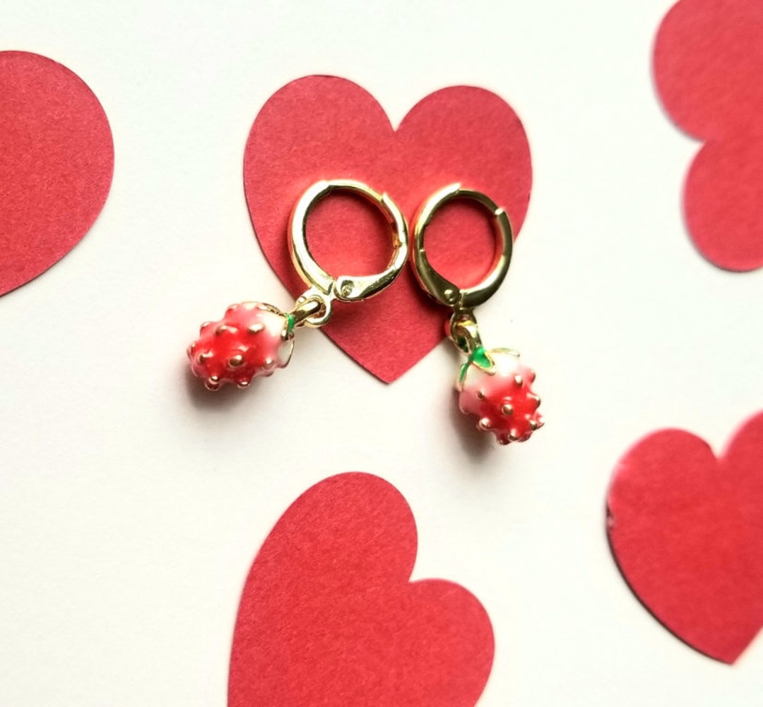 Gold Strawberry Huggie Hoops, 18k Plated Leverback Hoops, Red Enamel ...