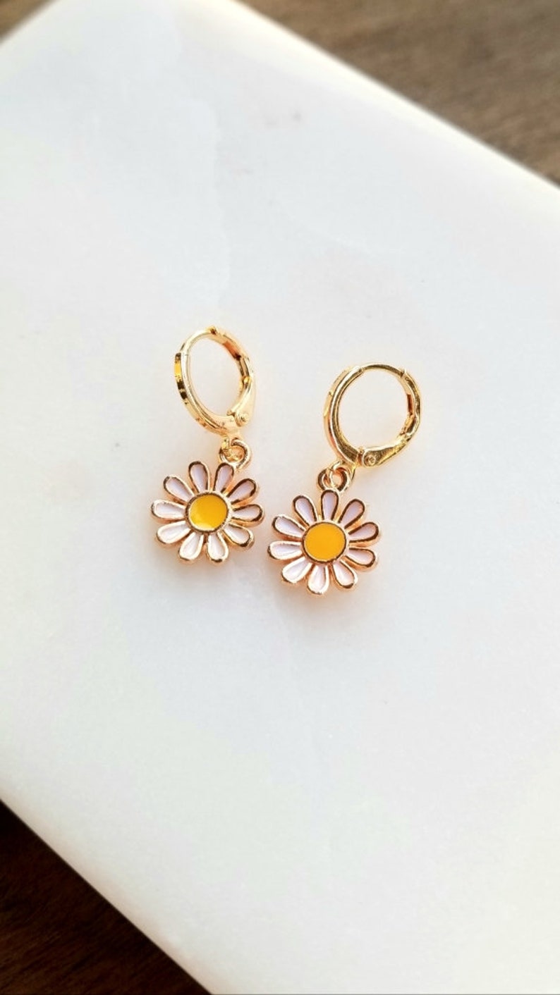 Daisy Charm Huggie Hoops, Gold Plated Flower Hoop Earrings, White ...