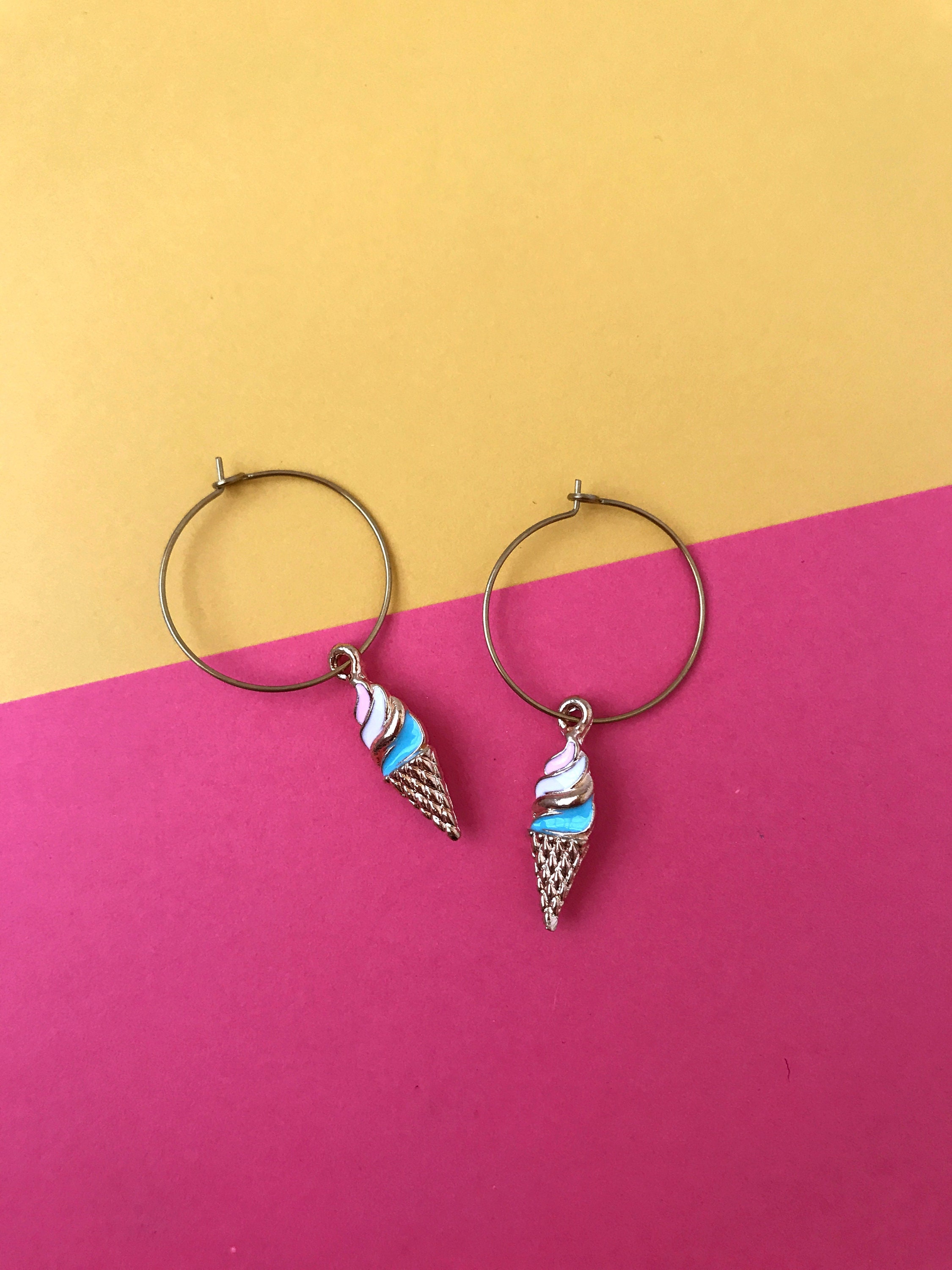 Gold Blue White and Pink Ice Cream Cone Hoops, 24k Plated Hoops, Gold ...