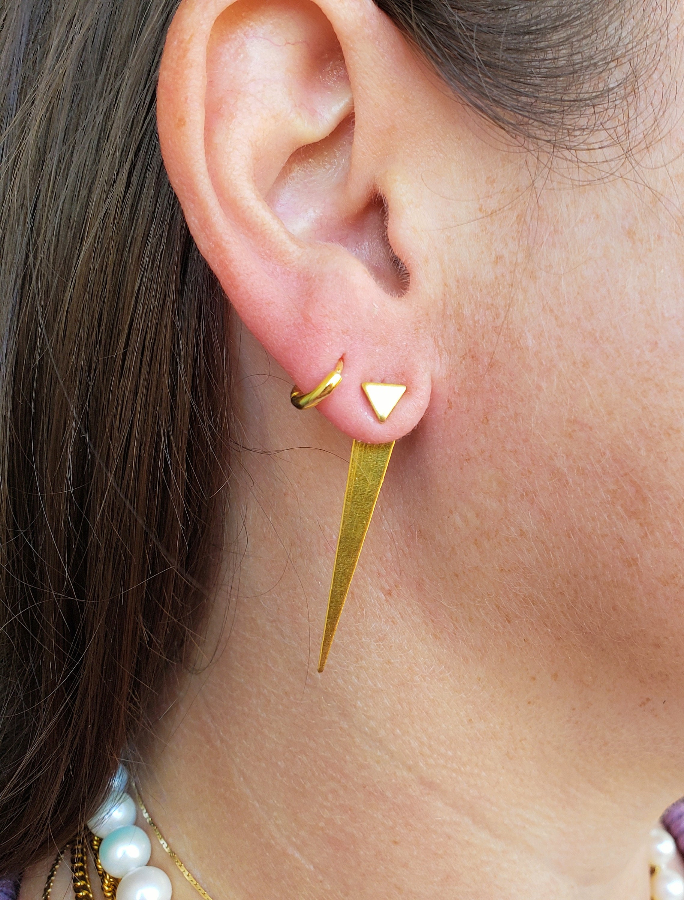 Brass triangle ear jackets dainty triangle gold tone stud | Etsy