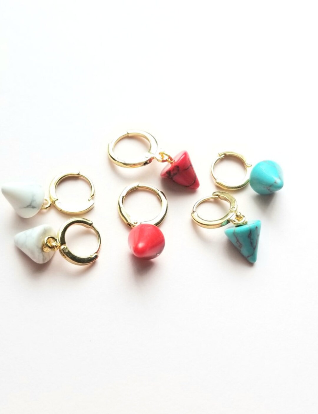 Marble Cone Huggie Hoops, 18k Plated Mini Hoops, Red White or Turquoise ...