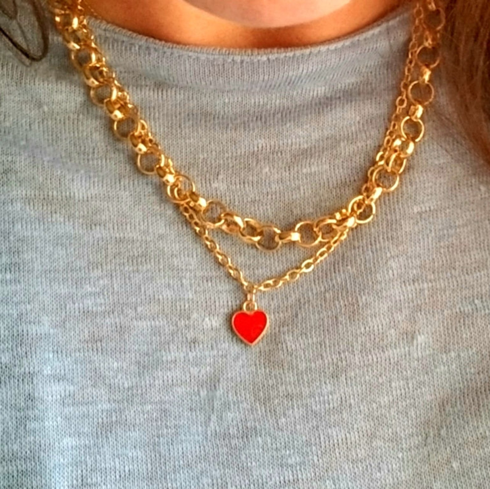 Gold Chunky Rolo Chain Necklace, Thick 24k Gold Plated Rolo Link Chain ...