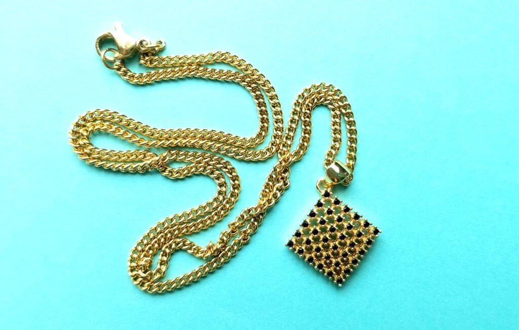 Gold Rhombus Necklace 14k Gold Black CZ Rhombus Pendant Gold | Etsy