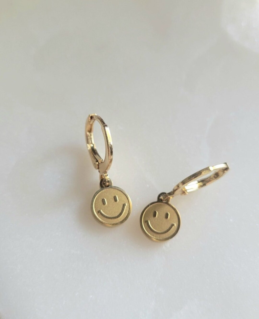 Gold Smiley Mini Hoops, Dainty 18k Stainless Steel Happy Face Charm ...
