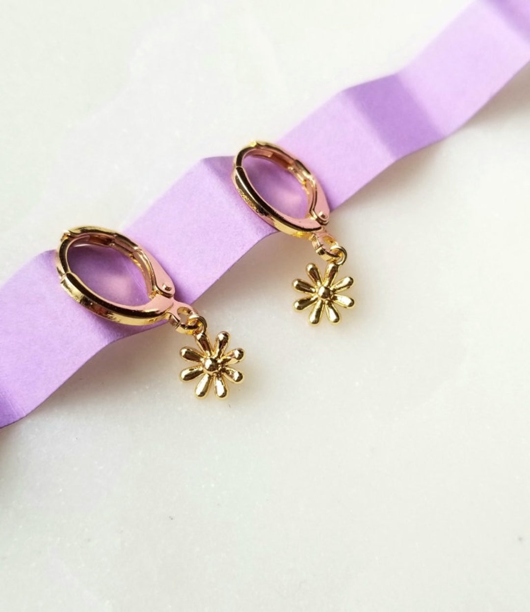 Gold Dainty Daisy Hoops, 18k Plated Tiny Daisy Charm, 18k Plated ...