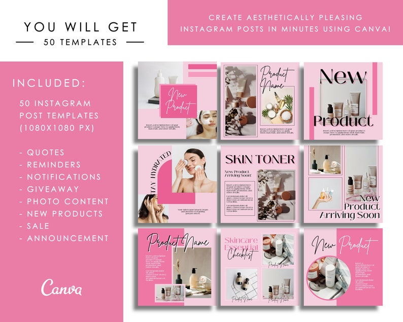 50 Minimalist Pink Beauty & Skincare Instagram Post Templates | Etsy