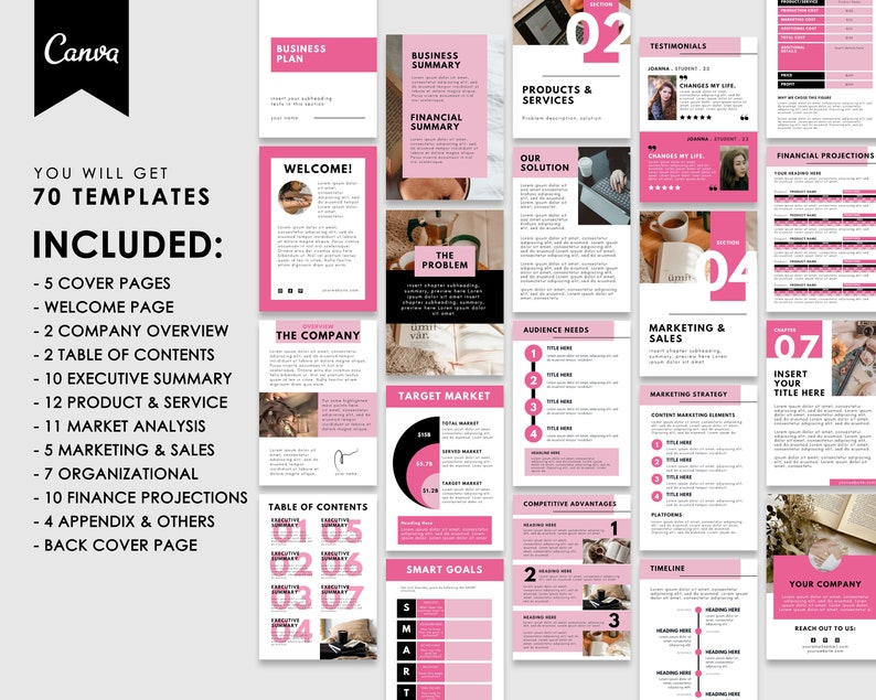 Business Plan Template, Canva Template for Business Plan, Editable Pink ...