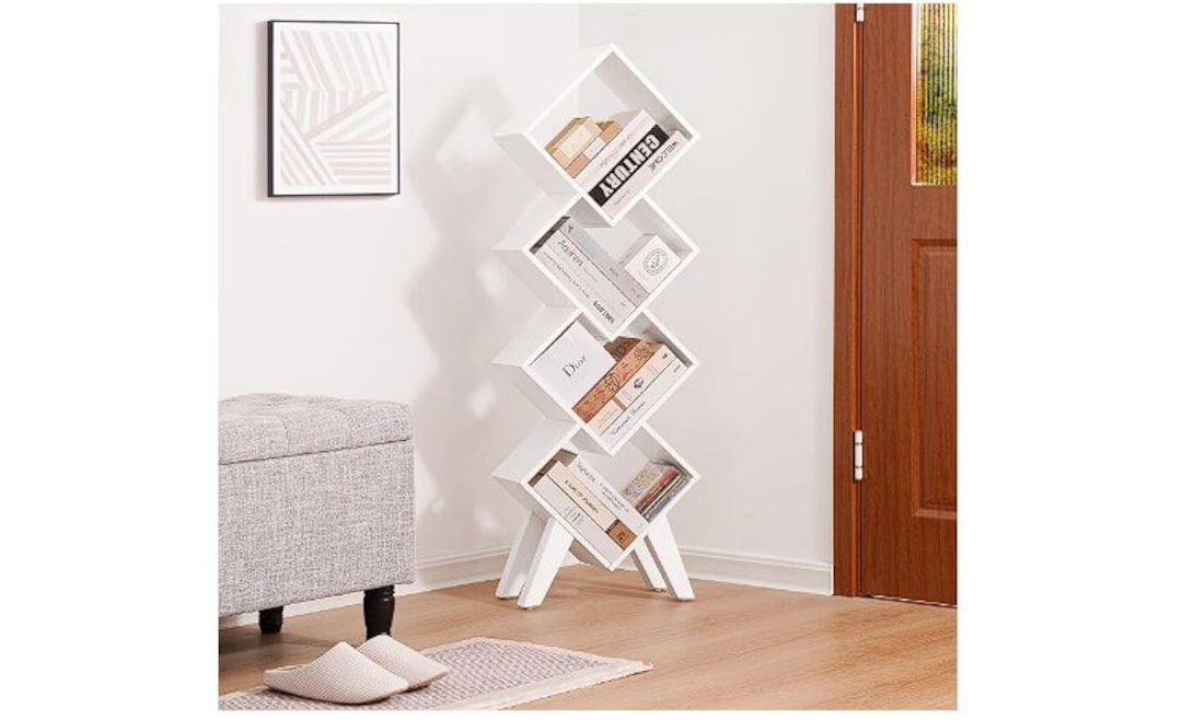 Tree Bookshelf Wood Small Bookcase 4-tier Book Shelf, Tall Bookcases ...