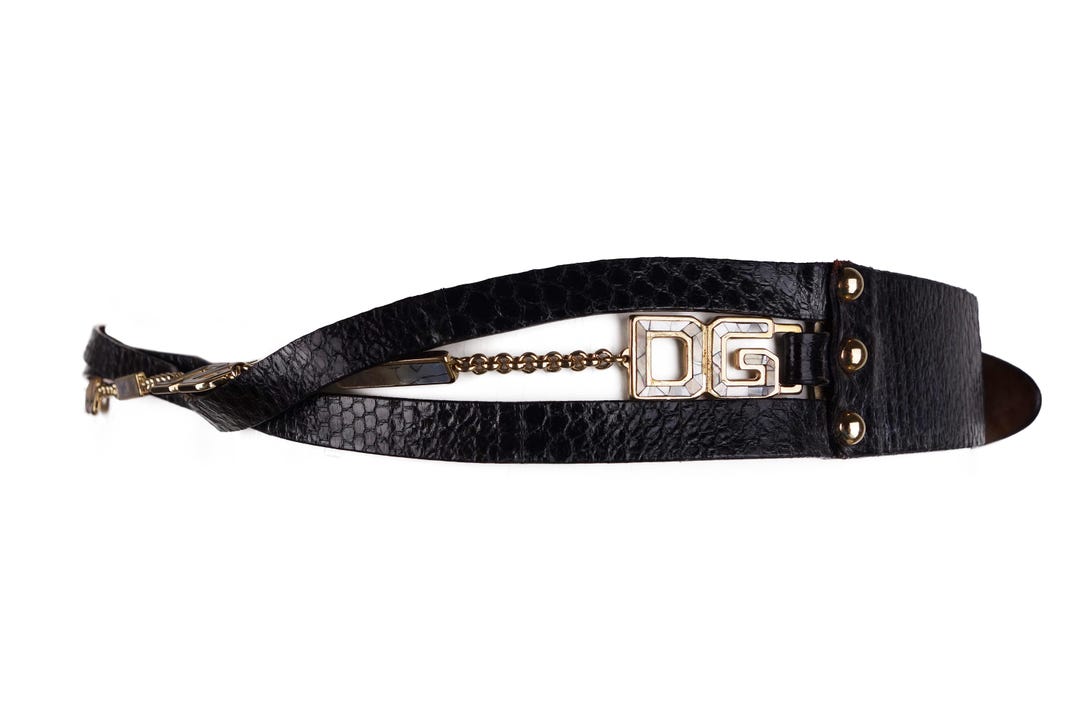 Dolce and Gabbana DG Buckle Logo Chain Black Exotic Leather Belt Gold ...