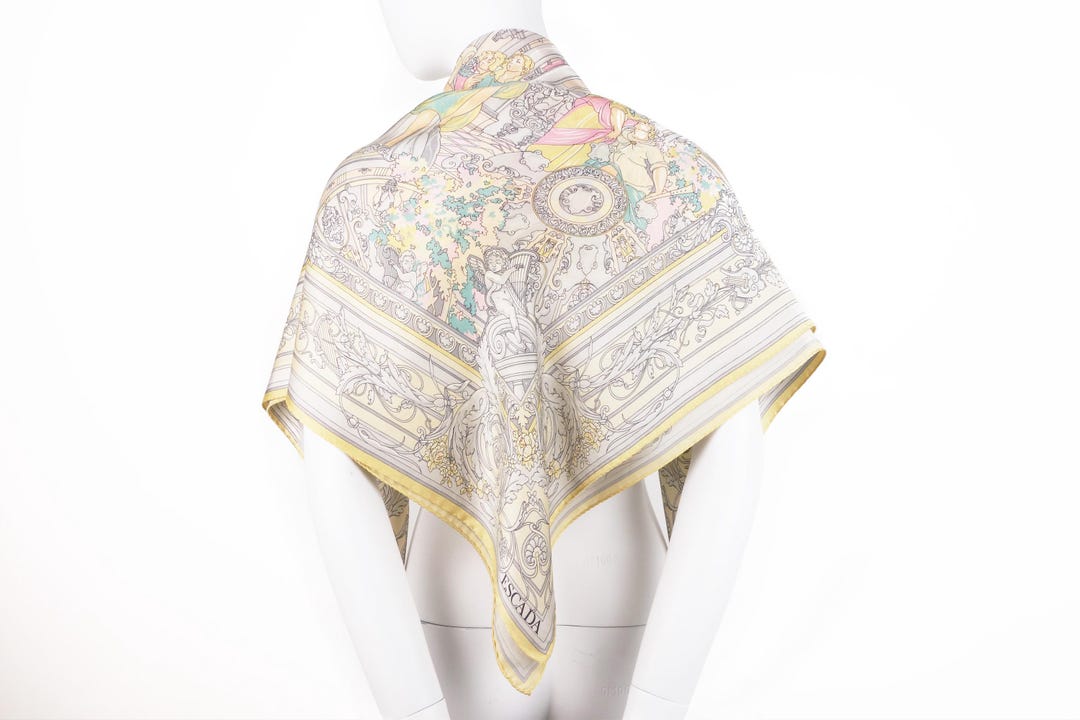 Escada 90s Vintage Renaissance Print Silk Scarf Baroque Style Cherub Pastel 33" Square Headscarf ...