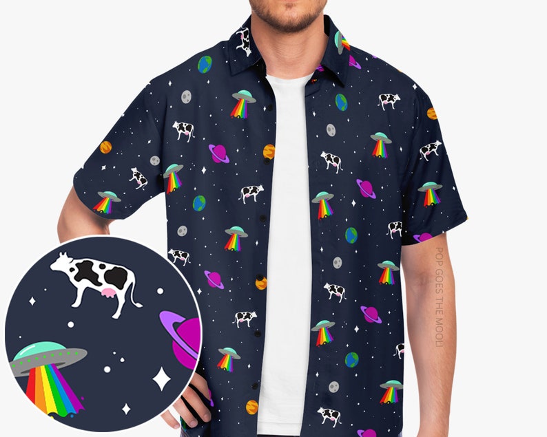 Space Cow Novelty Button up Down Hawaiian Shirt UFO Alien - Etsy