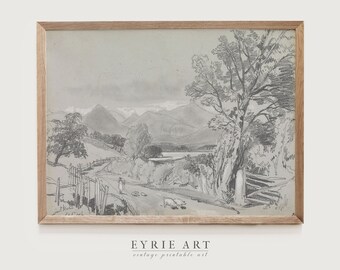 Rustic Landscape Sketch Print Vintage Pencil Drawing Art | Etsy