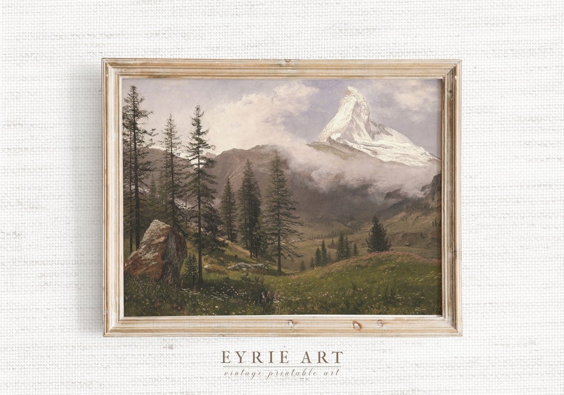 Vintage Mountain Prints SET of 4 Wall Art, Rustic Landscape Painting ...