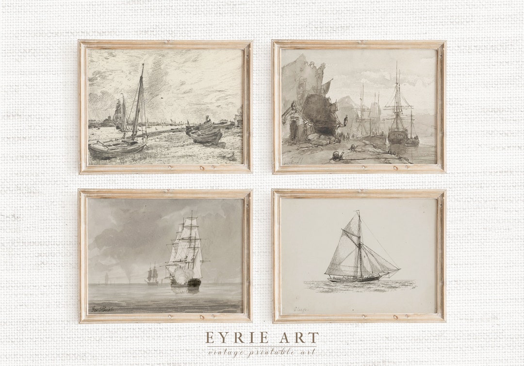 Nautical Gallery Wall Art SET of 4 Prints, Neutral Sailboat Print SET ...