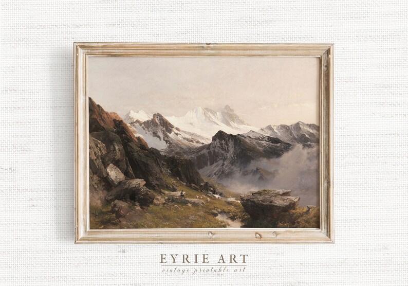 Vintage Mountain Prints SET of 4 Wall Art, Rustic Landscape Painting ...