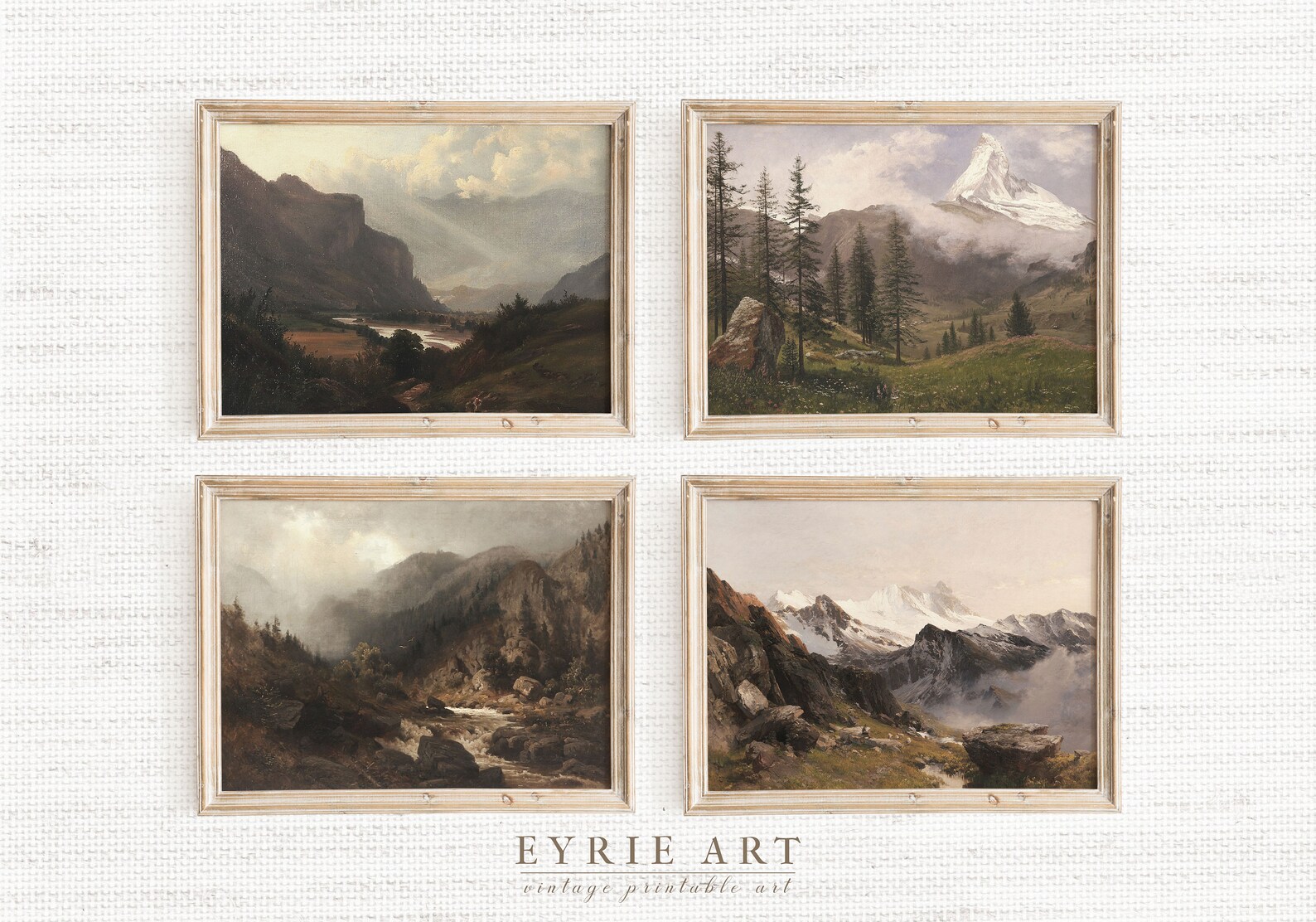 Vintage Mountain Prints SET of 4 Wall Art, Rustic Landscape Painting ...
