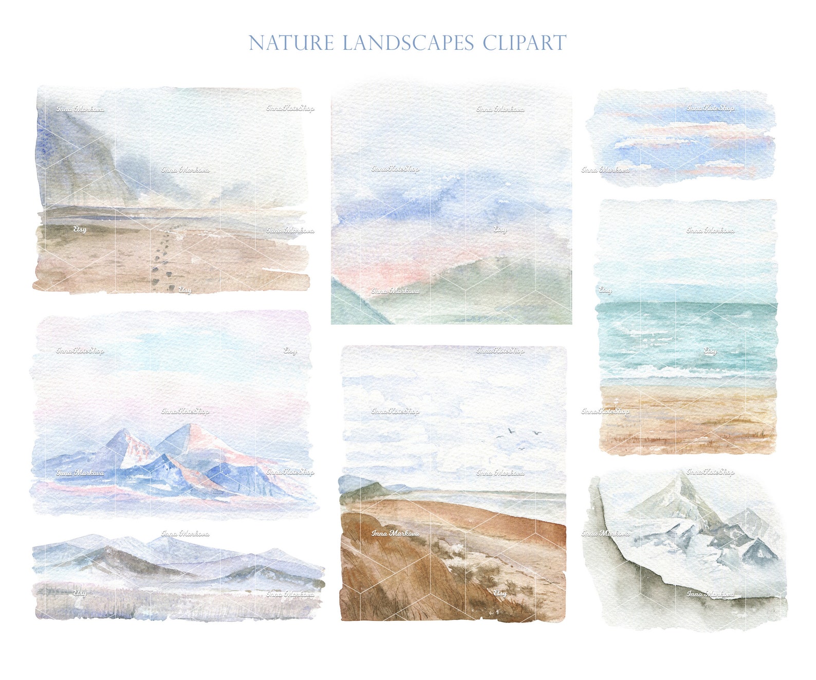 Watercolor Landscape Clipart Seascape Clip Art Mountains - Etsy