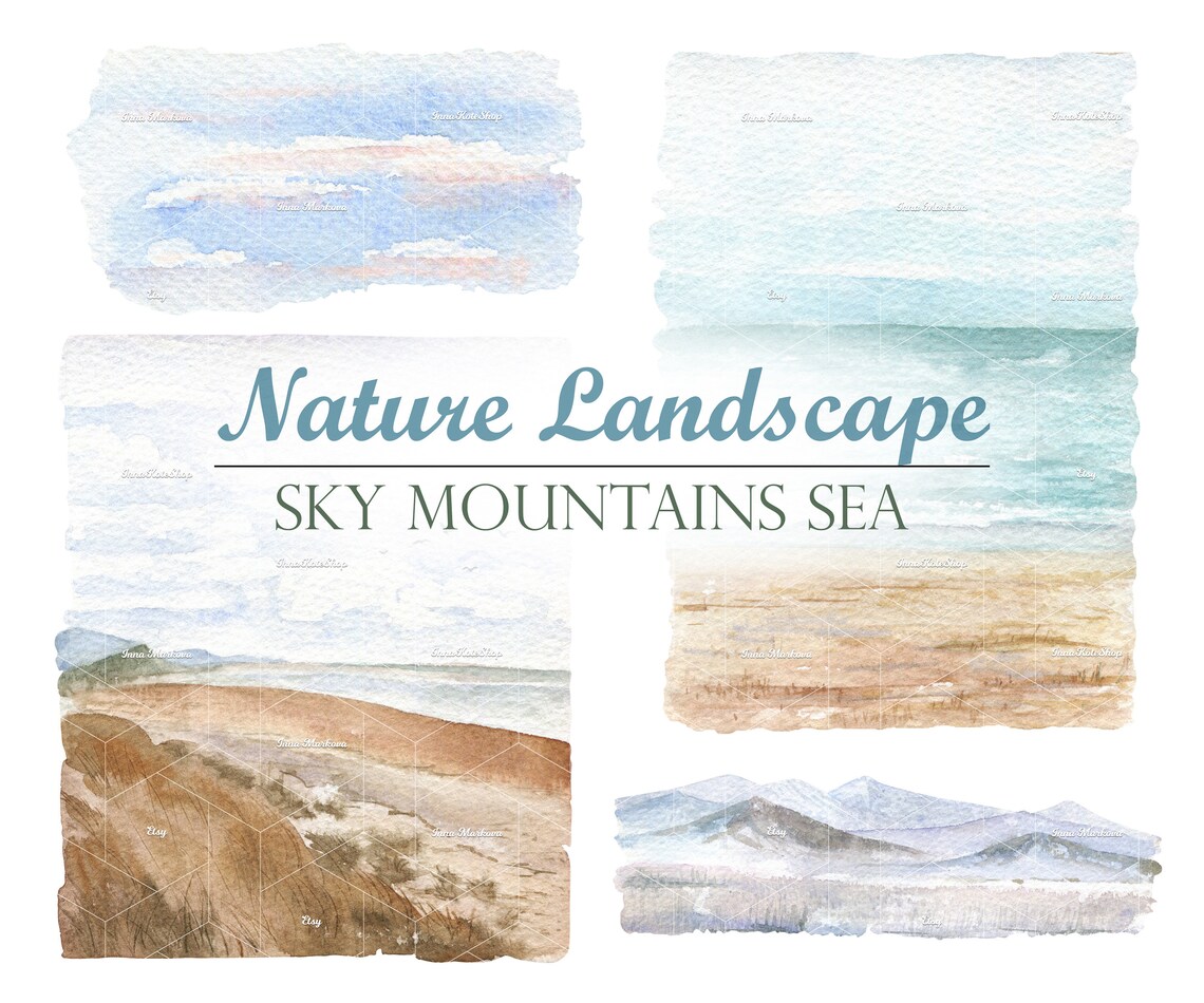 Watercolor Landscape Clipart Seascape Clip Art Mountains - Etsy