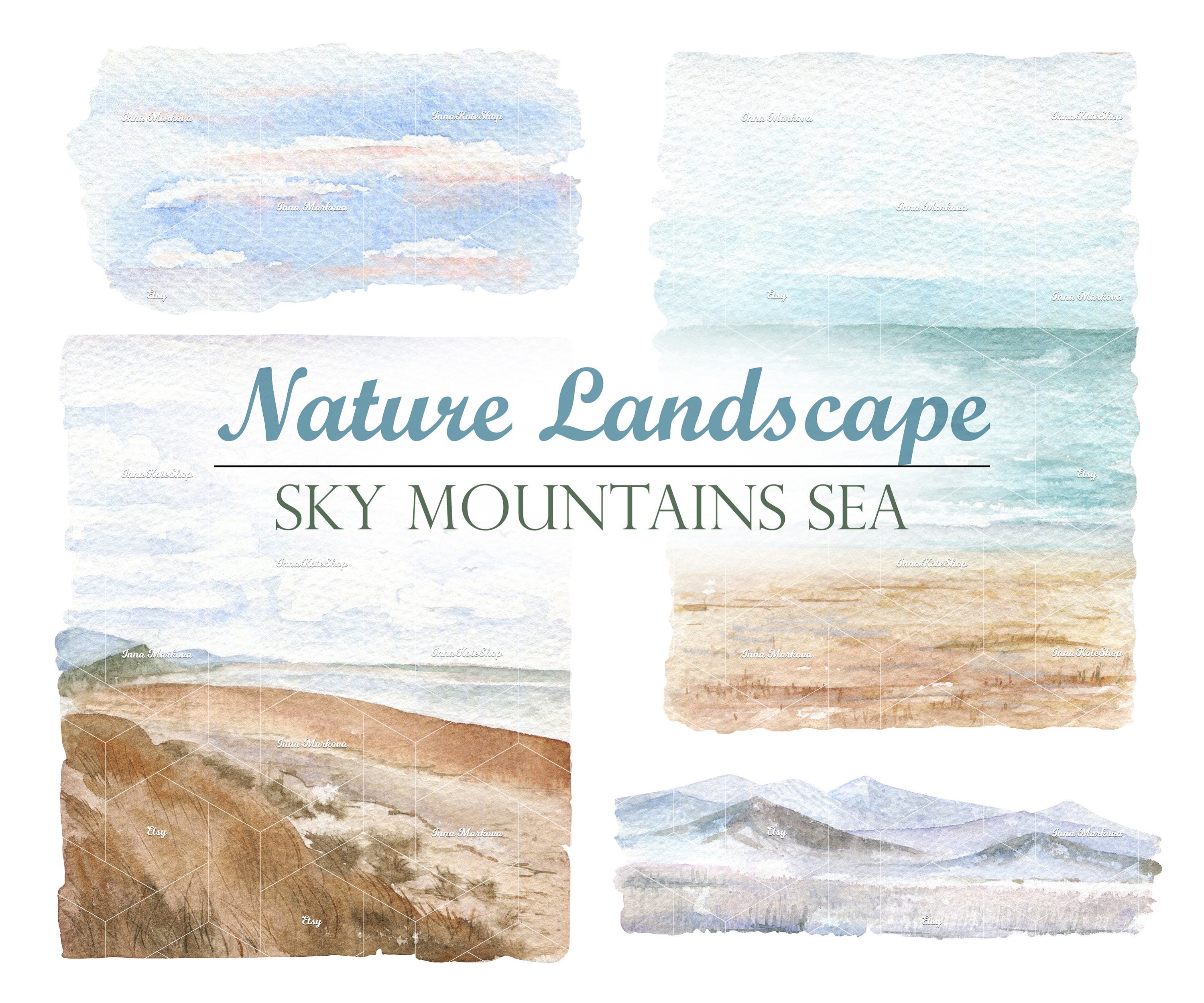 Watercolor Landscape Clipart Seascape Clip Art Mountains - Etsy
